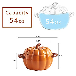 Yeexoxow Pumpkin Shaped Bowl 54 Oz, Pumpkin Bowl with Handles for Serving Soup, Ceramic Pumpkin Candy Dish with Lid, Orange