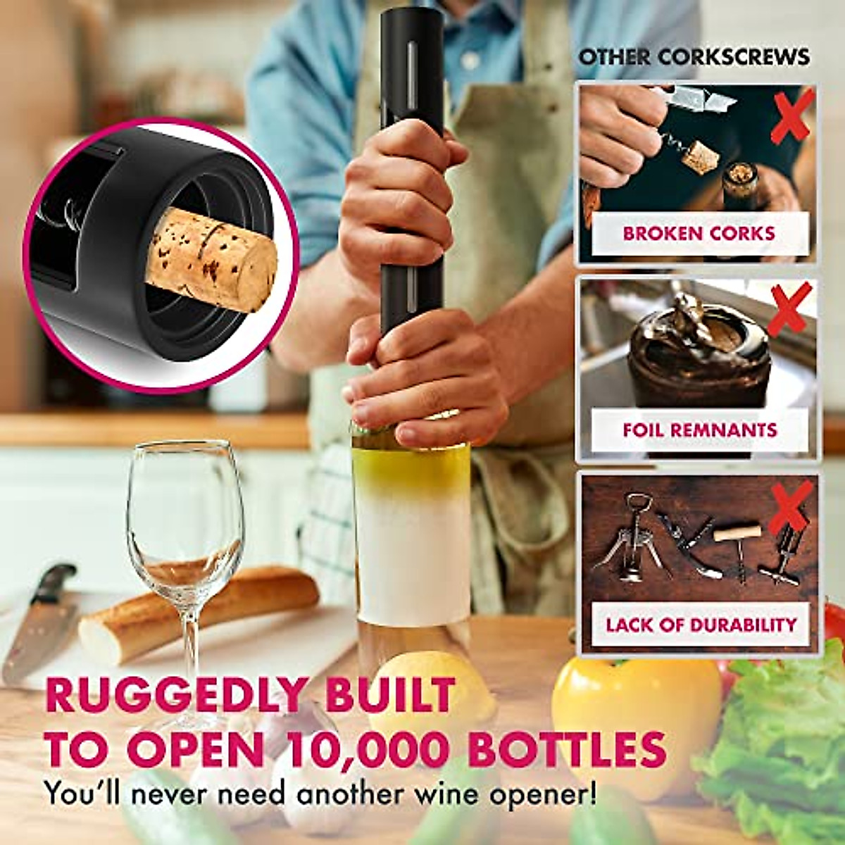 VINABON Electric Wine Opener - New 2023 Battery-Operated Electric Wine Bottle Opener with Wine Foil Cutter - One-Click Reusable Automatic Electronic Wine Opener Corkscrew. Includes WineGuide Ebook