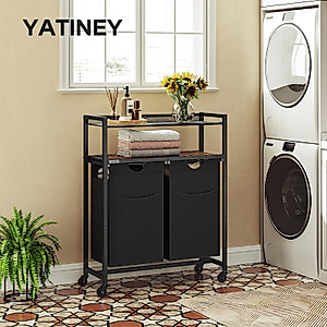 YATINEY Laundry Hamper with Wheels, Laundry Sorter 2 Section, Rolling Laundry Basket, 2 Pull-Out and Removable Laundry Bags, for Laundry Room, Badroom, Rustic Brown LS22BR