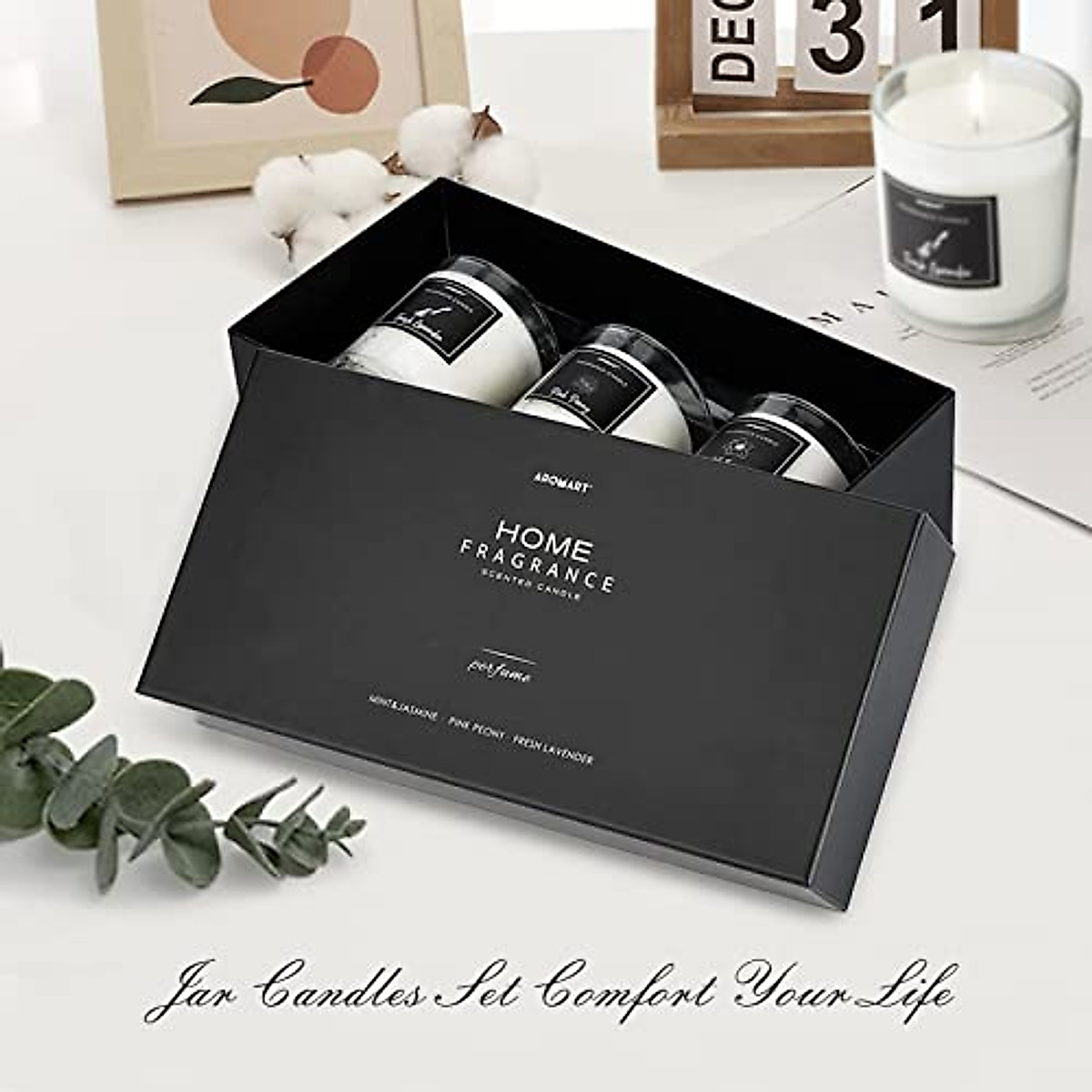 AROMART Scented Candle Set 3 Pack Long Lasting Natural Soy Candles for Home Scented with 8% Essential Oil for Stress Relief Peony, Jasmine, Lavender Candle Aromatherapy Gifts for Women (4.5Oz Each)