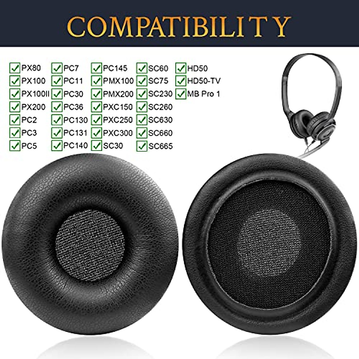 SOULWIT 50mm Ear Pads Cushions Replacement for Sennheiser PX80/PX100/PX100II/PX200, PC30/PC36/PC130/PC131/PC140/PC145, PMX100/PMX200, PXC150/PXC250/PXC300, SC30/SC60/SC75/SC230/SC260/SC630/SC660/SC665