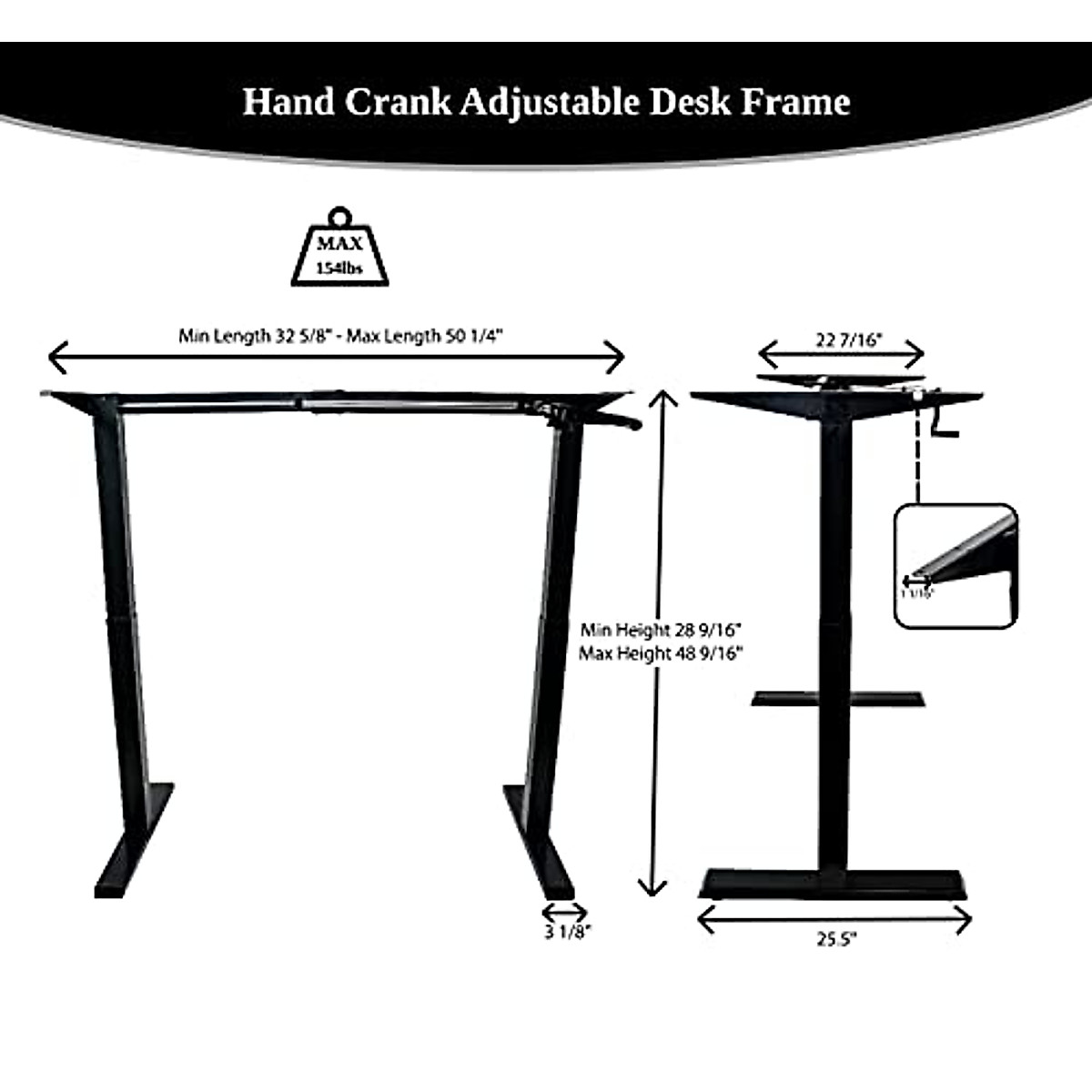 ErgoMax Adjustable Crank Desk Frame, Tabletop Not Included, 48.56 Inch Max Height, Black
