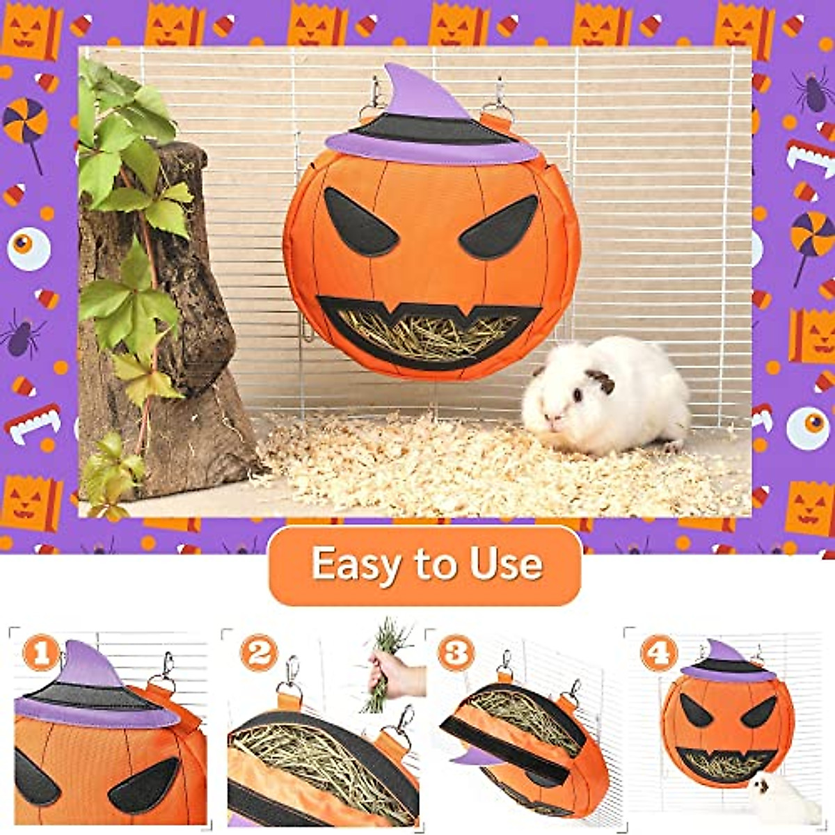 JanYoo Rabbit Hay Feeder Halloween Guinea Pig Accessories Hay Bag Hanging Rack for Small Animal Chinchilla(Pumpkin)