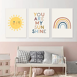 You Are My Sunshine Wall Art 3 Piece Boho Nursery Wall Art Rainbow Art Wall Decor Nursery Art Prints for Kids Room Nursery Pictures for Baby Girls Room Decor 12x16 Inch Unframed