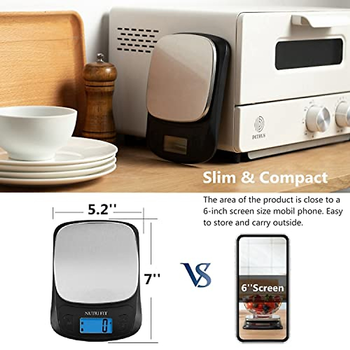 NUTRI FIT Ultra Slim Kitchen Scale Digital Food Weight Scale for Baking Cooking in Grams and Ounces Tare & Backlit LCD Display 11lb 5kg Capacity- Black/Stainless Steel