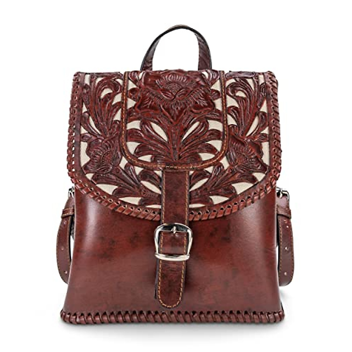 Mauzari Edessa Women's Tooled Leather Backpack Purse - Petite Sized & Organized (Koa)