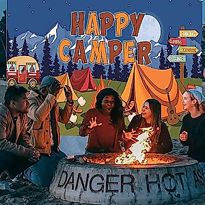 LLMSIX Camping Background, 5×3FT Happy Camper Banner Cartoon Forest Animal Campfire Background Camping Photo Backdrop Camping Themed Party Decoration Children Birthday Party Photo Props