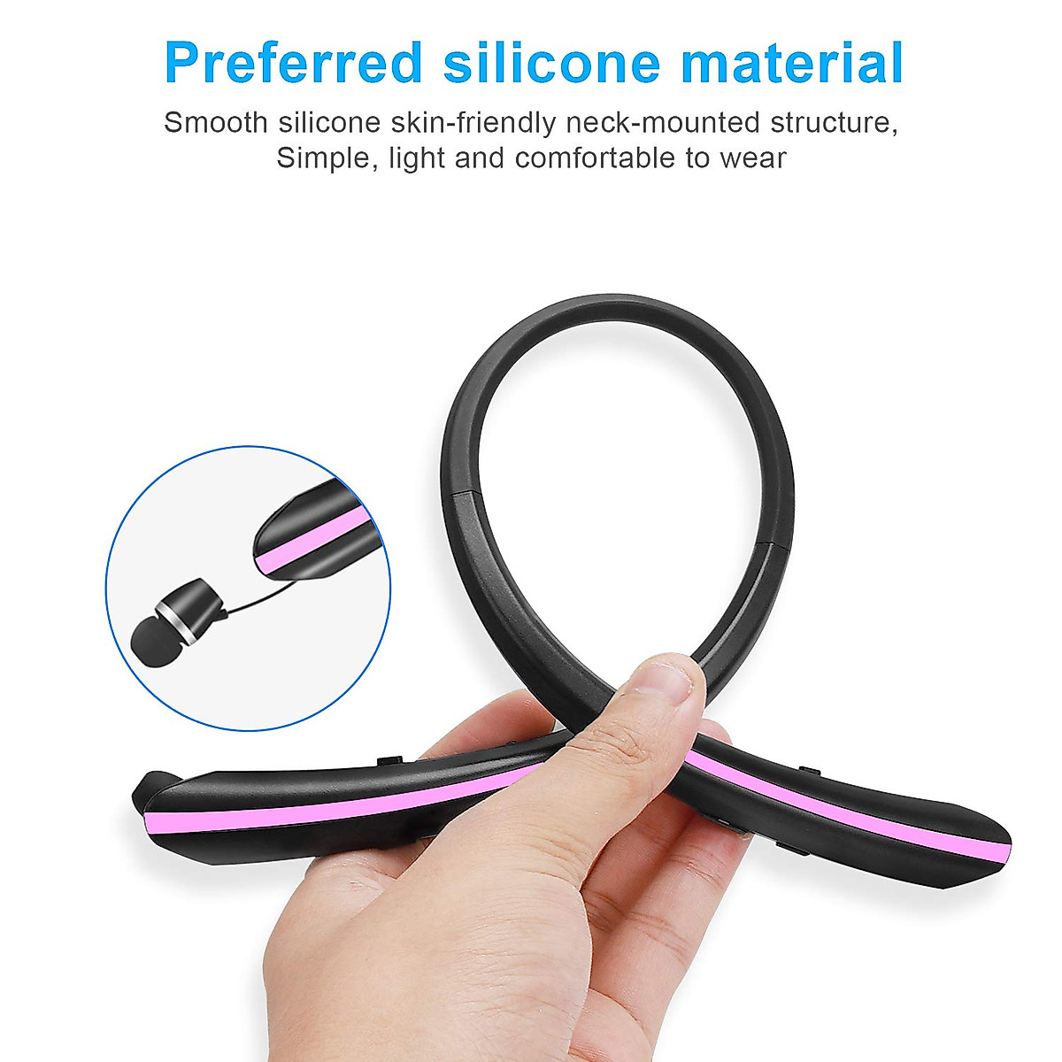 Bluetooth Headphones,Retractable Wireless Earbuds Neckband Headset Sports Noise Cancelling Stereo Earphones with Mic 24 Hrs Playtime Call Vibrate Alert(2020 Upgrade) (Black/Pink)