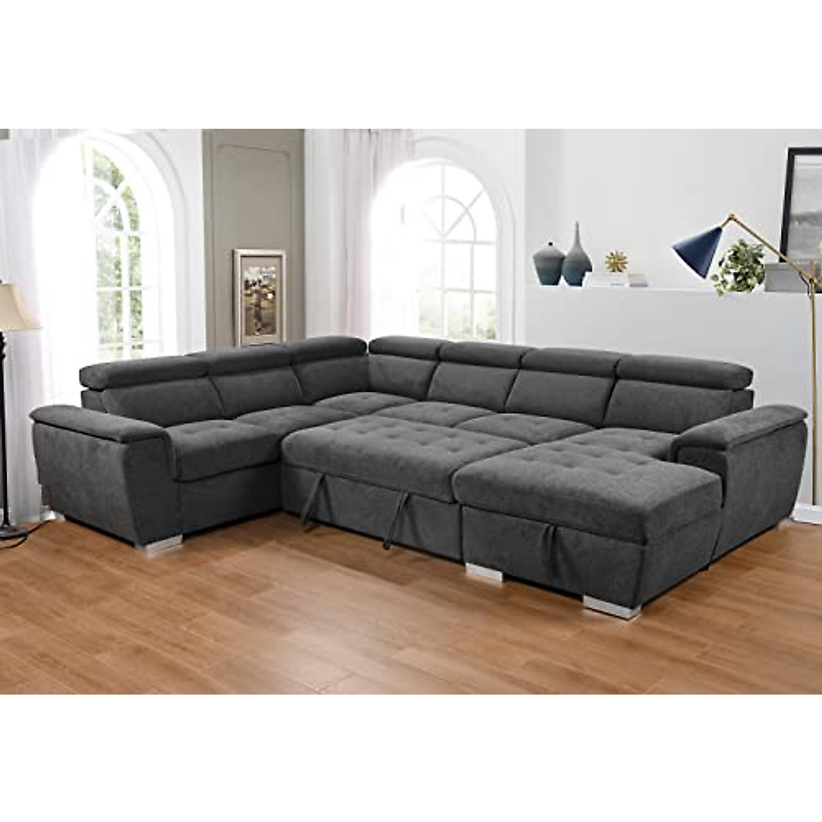 FANYE Oversized U-Shaped Sleeper Sectional Sofabed Sofa W/Pull Out Couch Bed & Wide Storage Chaise,7 Seaters Convertible Sofa&Couch with Adjustable Headrests for Home Apartment Living Room
