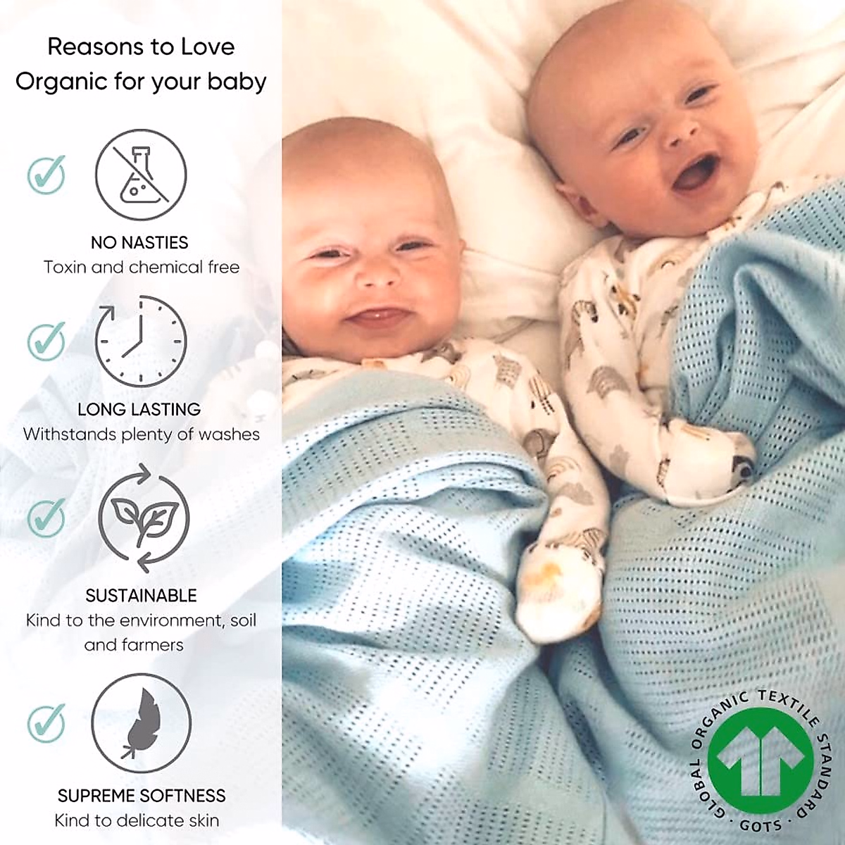 Bloomsbury Mill - 2-Pack 100% Organic Cotton Cellular Baby Blankets with Gifting Ribbon – Soft, All Natural & Breathable - Nursery/Stroller/Bassinet/Crib - Cream