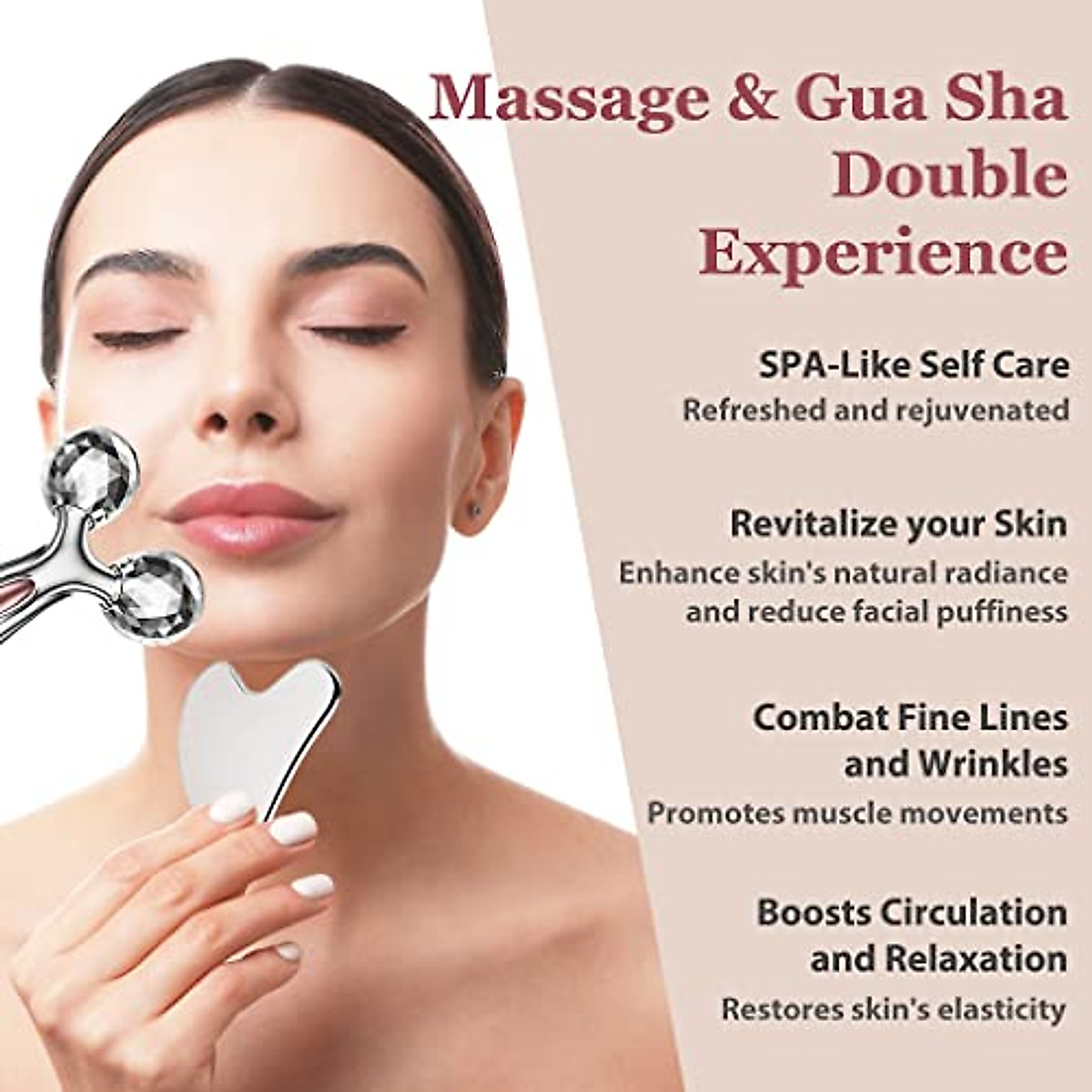 leiwo Stainless Steel Gua Sha and Face Roller Set, Facial Tool for Face Sculpting, Metal Skin Care, Massager for Women