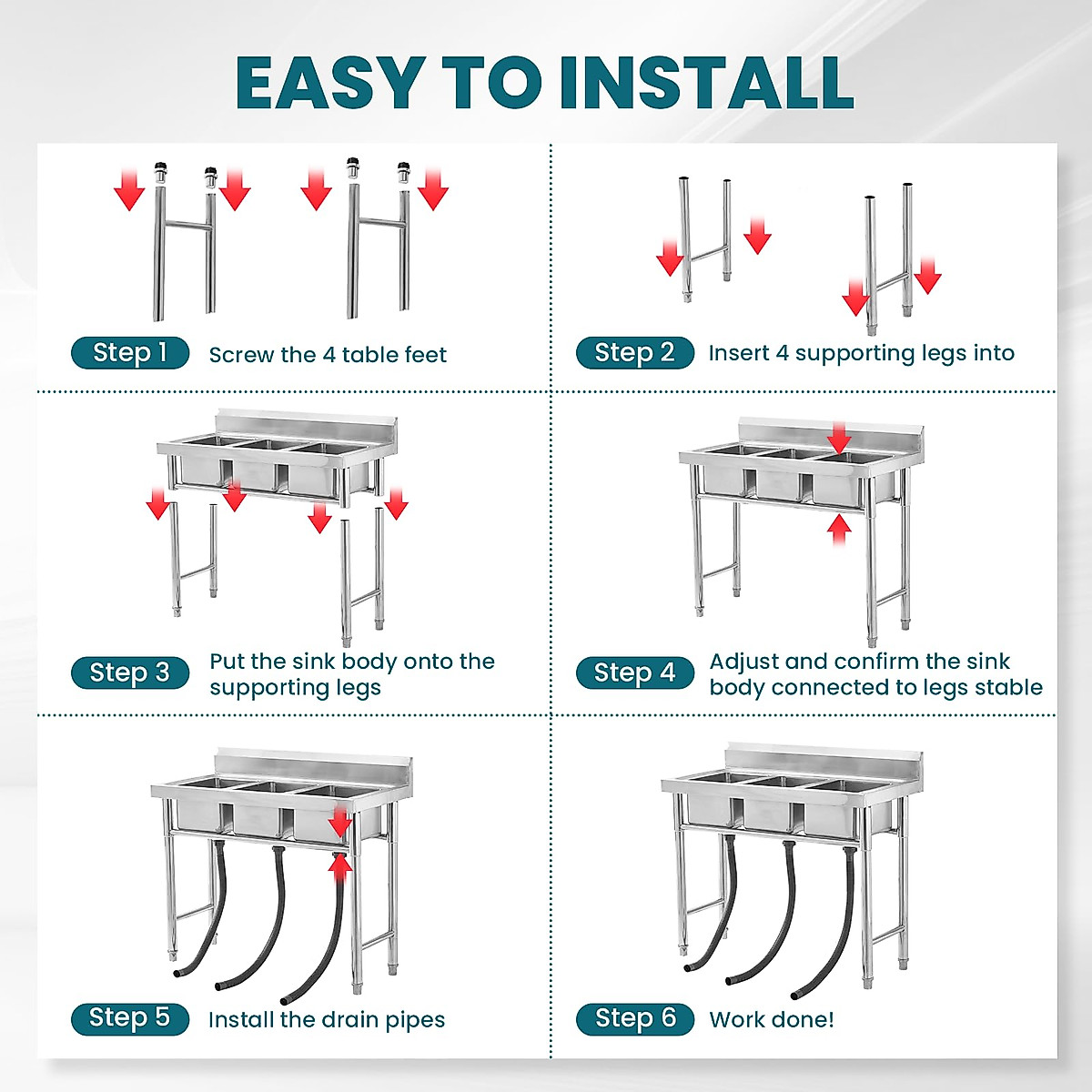 Loccdaok 3 Compartment Utility Sink Stainless Steel Commercial Kitchen Sink Free Standing Triple Bowl Laundry Room Outdoor Garage Sink for Restaurant, Kitchen, Bar, 39" x 20" Triple Bowl