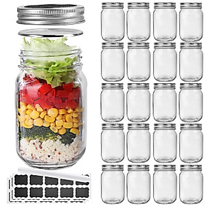 20 Pack Glass Mason Jars, 12 oz Clear Glass Jars with Regular Mouth and Silver Metal lids, Canning Jars for Food Storage, Vegetables and Dry Food, Includes 30 Black Labels