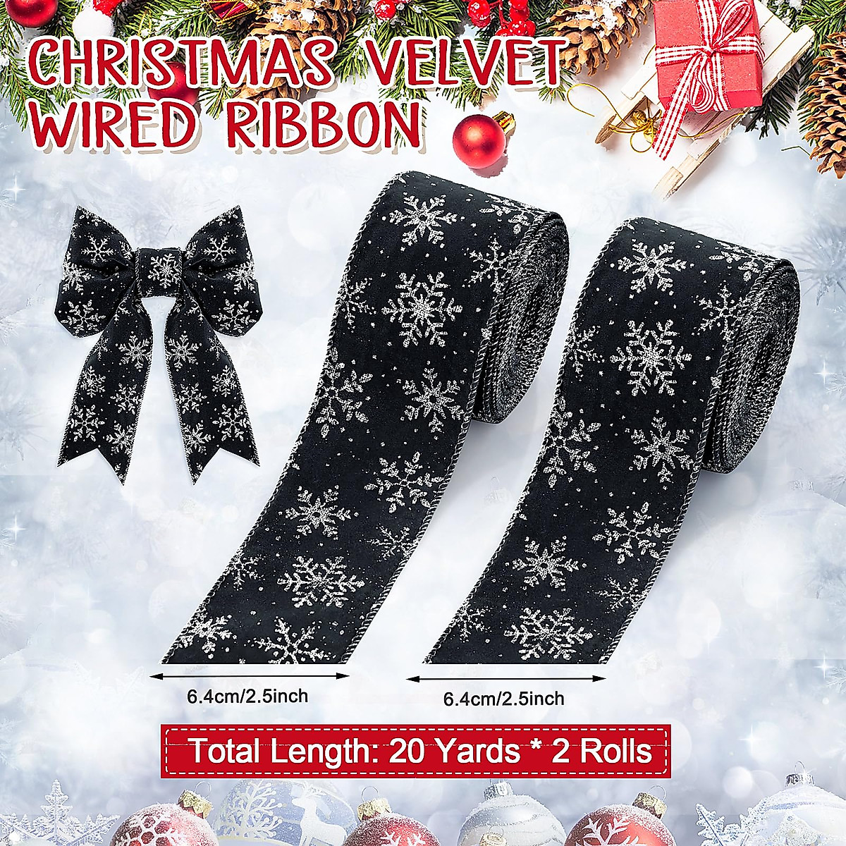 2 Rolls/ 20 Yards Christmas Velvet Wired Ribbons with Snowflake Pattern 2.5'' Wide Xmas Craft Ribbons Gift Wrapping Ribbon for Christmas Tree Wreath Decoration DIY Bows Supplies (Black)