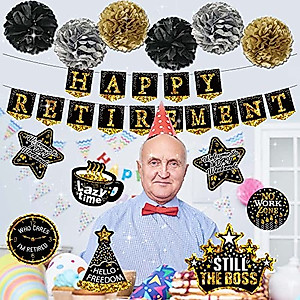 retirement party decorations banner gifts - (22pack) happy retirement gold banner, 6 paper Poms, 6 Hanging Swirl, 7 decorations stickers. retirement sash for men and women (GOLD BANNER)