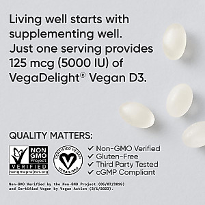 Sports Research Vegan Vitamin D3 5000IU (125 mcg) with Coconut Oil | 100% Plant-Based Vitamin D for Bone, Joint & Immune Support | Carrageenan Free, Vegan Certified & Non-GMO Verified (60 Softgels)