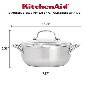 KitchenAid 3-Ply Base Brushed Stainless Steel Casserole Dish/Pan with Lid, 4 Quart