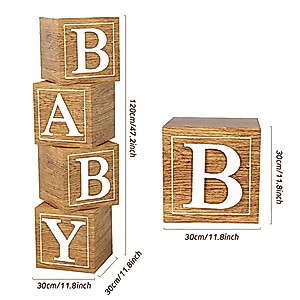 Baby Shower Boxes Birthday Party Decorations - 4 Wood Grain Brown Stereoscopic Blocks with BABY Letter,1st Birthday Balloon Boxes,Teddy Bear Boys Girls Baby Shower Supplies, Gender Reveal Backdrop