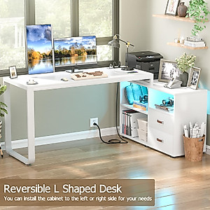 Homieasy L Shaped Desk with File Cabinet & Power Outlet, Reversible 55 Inch Large Corner Computer Desks with LED Strip, L-Shaped Desk with Drawers and Storage Shelves for Home Office, White