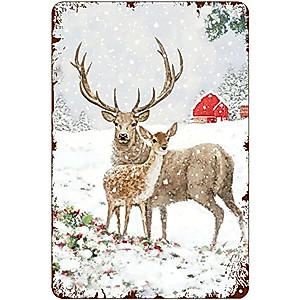 WZVZGZ Aluminum Tin Metal Poster,Winter Snow Deer Pair Barn,Farmhouse Sign Country Farm Kitchen Wall Home Garden Decor Art Signs Garage Decoration 8X12Inch,Vintage Wall Home Decor, 8X12 inch
