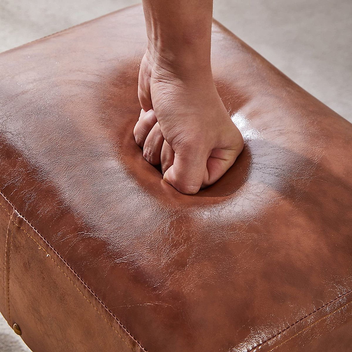 PU Leather Upholstered Rectangular Footstool with Solid Wood Legs, High Resilience Foam, Strong Load Capacity, Living Room, Bedroom, Rest Seat, Sofa, Dining Room high Capacity