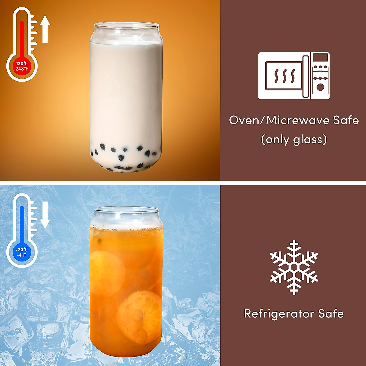 wirsh Drinking Glasses, 4pcs 18oz Can Shaped Glass Cups with Bamboo Lids and Glass Straw,Cute Tumbler Cups for Iced Coffee, Beer, Tea, Coffee Bar Accessories, Giftable