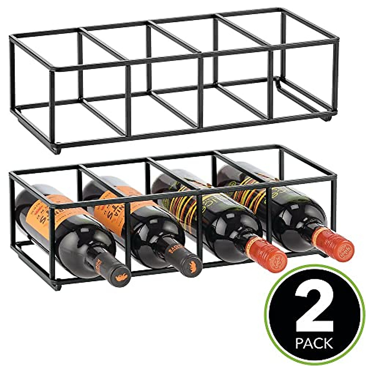 mDesign Stackable, Metal Geometric Free-Standing Water Bottle and Wine Rack Storage Organizer for Kitchen Countertops, Pantry, Fridge - Holds 8 Bottles - 2 Pack - Matte Black