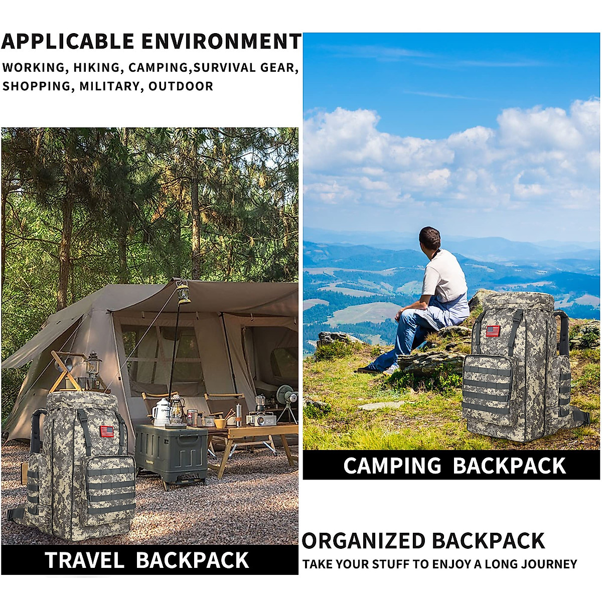 outdoor plus Extra Large Camping Backpack For Men, Military Molle Hiking 2 Daypack 60L70L85L Waterproof Backpacking Rucksack