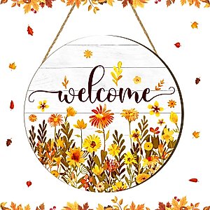 Thanksgiving Floral Door Sign Decor Hello Fall Front Door Sign Thanksgiving Floral Welcome Hanging Plaque Rustic Autumn Round Hanging Sign for Outdoor Porch Home Decoration