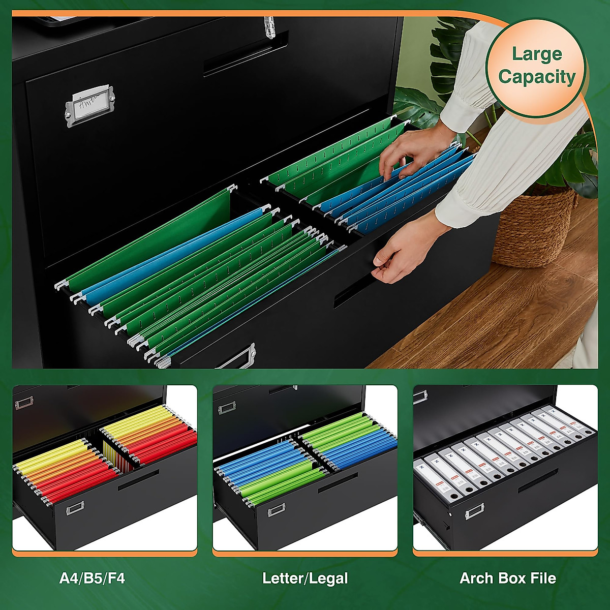 Letaya Metal Lateral File Cabinets with Lock,2 Drawer Steel Wide Filing Organization Storage Cabinets,Home Office Furniture for Hanging Files Letter/Legal/F4/A4 Size (Blcak-2 Drawer)