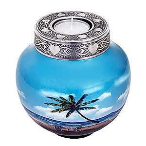 hlc Beach Urn Blue Palm Tree Design Cremation Urns for Human Ashes Medium Funeral Urn - Modern Beautiful Memorial Urn 6 x 5