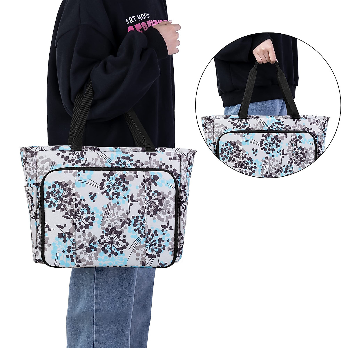 CURMIO Knitting Tote Bag, Yarn Storage Bag with Pockets for Crochet Hooks, Knitting Needles, Knitting Project and Accessories, Dandelion (Bag Only, Patented Design)