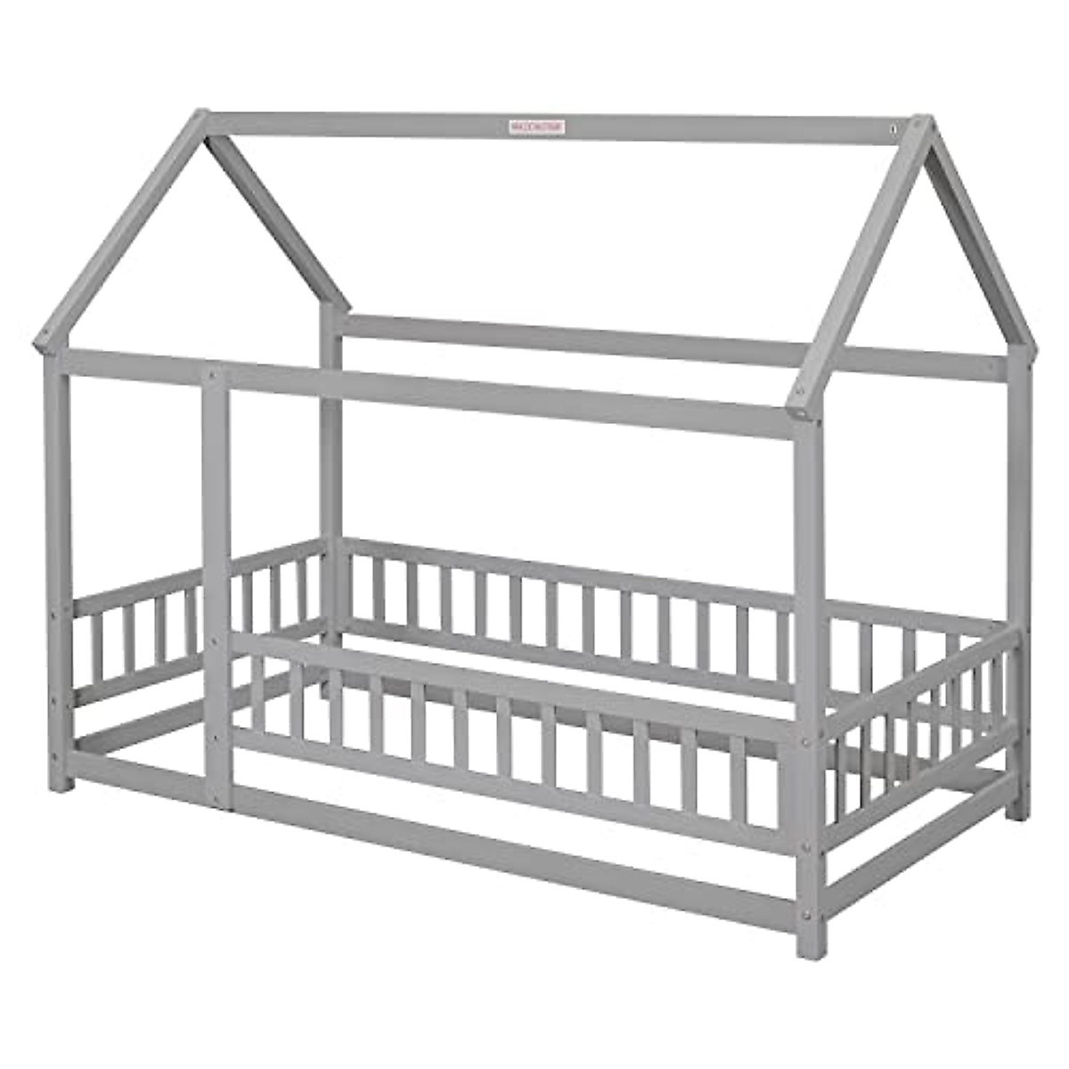 DEYOBED Twin Size Wooden Bed with House Roof Frame and Fence Guardrails, Twin Size Floor Bed Frame for Children - Gray Floor Bed