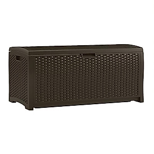 Suncast 73-Gallon Medium Deck Box - Lightweight Resin Indoor/Outdoor Storage Container and Seat for Patio Cushions and Gardening Tools - Store Items on Garage, Yard - Mocha Brown