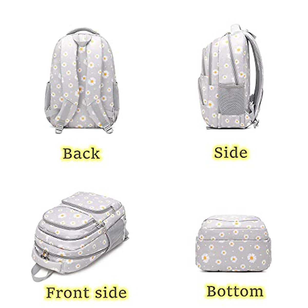 EKUIZAI 3Pcs Daisy Prints Backpack for Girls Bookbag set Primary School Daypack Elementary Students Knapsack with Lunch Box