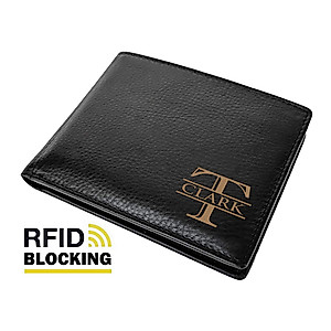 Corner Monogram Initial Engraved Personalized One Black Wallet Personalized Men's Bifold Leather RFID Blocking Wallet for Groomsman Best Man Wedding Party Gift
