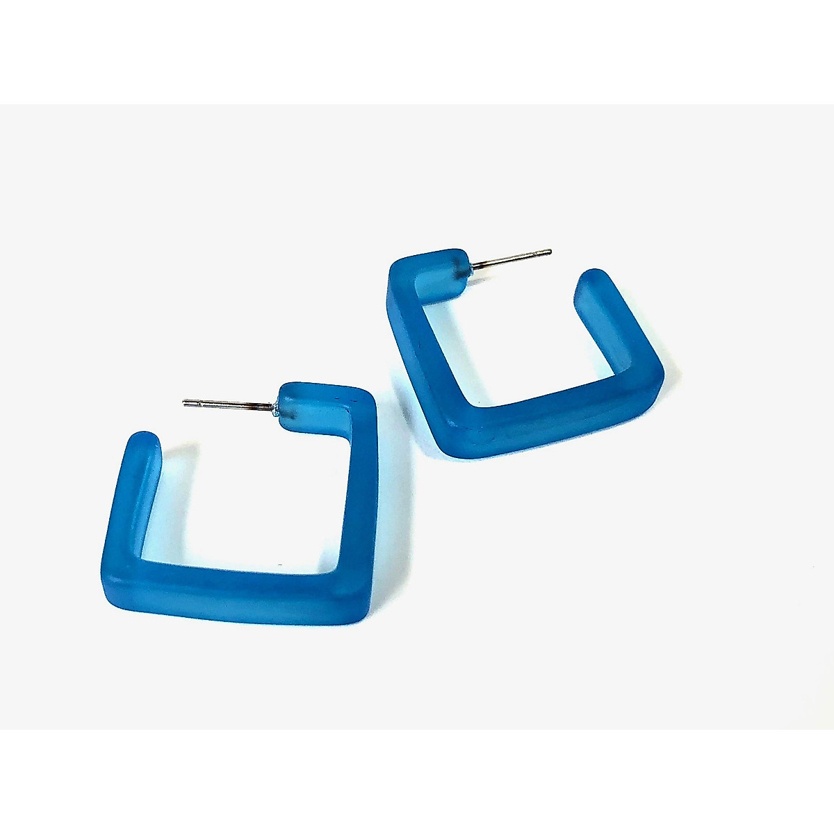 Aqua Blue Frosted Lucite Acrylic Square Hoop Earrings - SQH-BL-1