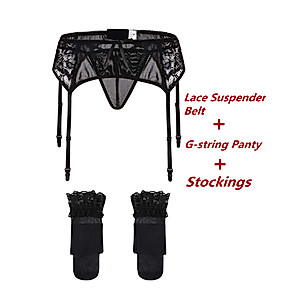 ADORELIFE Women's Floral Lace Sexy Black 4 Metal Clips Garter Belt Set (Free Stockings)