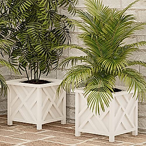 Pure Garden Lattice Design Planter Box 2-Pack – 14.75-Inch Decorative Outdoor Flower or Plant Pots – Front Porch, Patio, and Garden Decor (White)