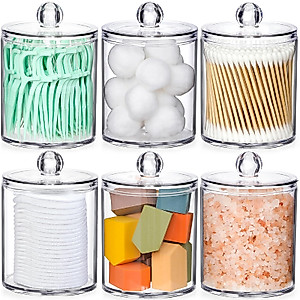AOZITA 6 Pack Qtip Holder Dispenser for Cotton Ball, Cotton Swab, Cotton Round Pads, Floss - 10 oz Clear Plastic Apothecary Jar Set for Bathroom Canister Storage Organization, Vanity Makeup Organizer
