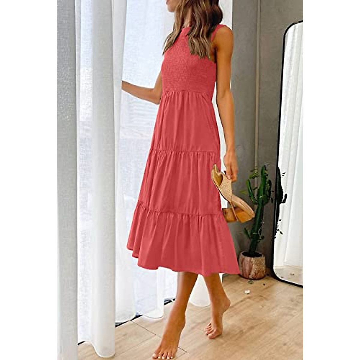 ZESICA Women's 2023 Summer Casual Sleeveless Crew Neck Smocked High Waist Flowy Tiered A Line Midi Dress,Watermelon,Medium