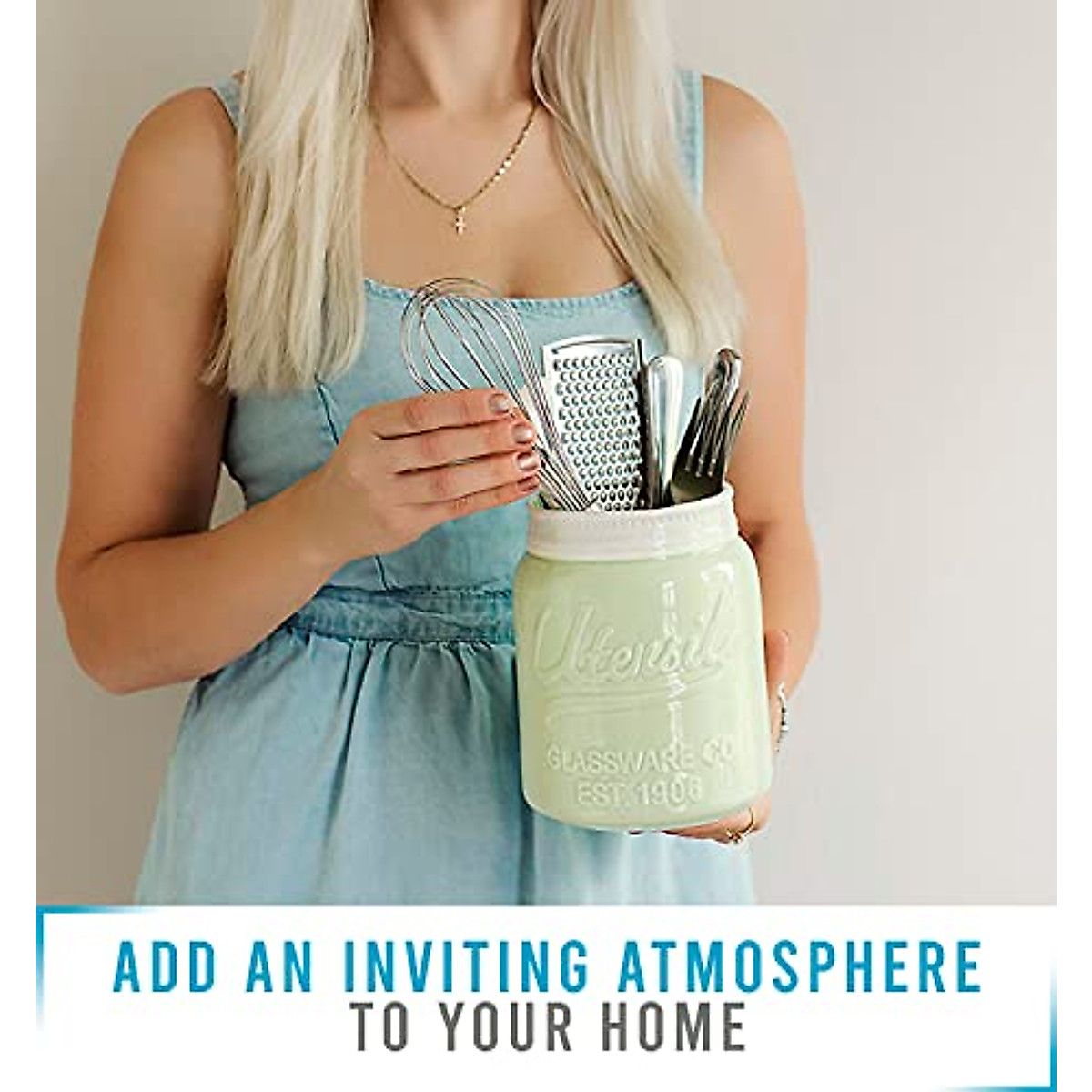 Comfify Wide Mouth Mason Jar Utensil Holder Decorative Kitchenware Organizer Crock, Chip Resistant Ceramic, Dishwasher Safe - Kitchen Caddy Green, Large Size 7" High