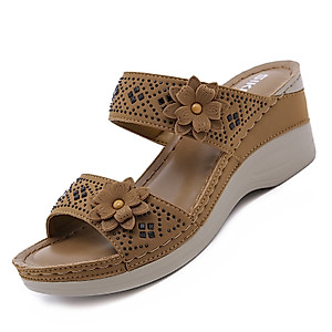 Women's Libiyi Vintage Floral Wedge Orthotic Sandals,Ultra-Comfy Platform Beach Walking Arch Support Fish Mouth Sandals (Brown,8.5,8.5)