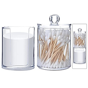 Songaa Qtip Holder Dispenser for Cotton Swab, Cotton Pads, Cotton Ball, Floss, 2 in 1 Transparent Acrylic Cosmetic Cotton Pads Holder Storage Organizer Containers with Lid