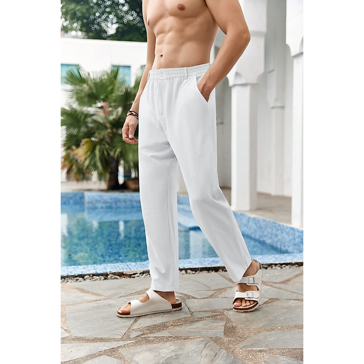 PASLTER Men's Linen Pants Elastic Waist Straight Leg Loose Fit Lightweight Yoga Casual Beach Trousers with Pockets White