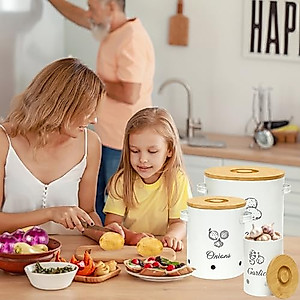 Holismo Potato Storage For Pantry, 3 Containers Kitchen Counter Organizer Countertop Onion and Potato Storage bin with Garlic Holder, Kitchen Canisters Vegetable Keeper with bamboo lid
