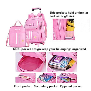 ZHANAO Rolling Trolley Bag Wheeled Backpack Bowknot for Girls Primary Schoolbag 3Pcs with Crossbody Bag Pencil Case