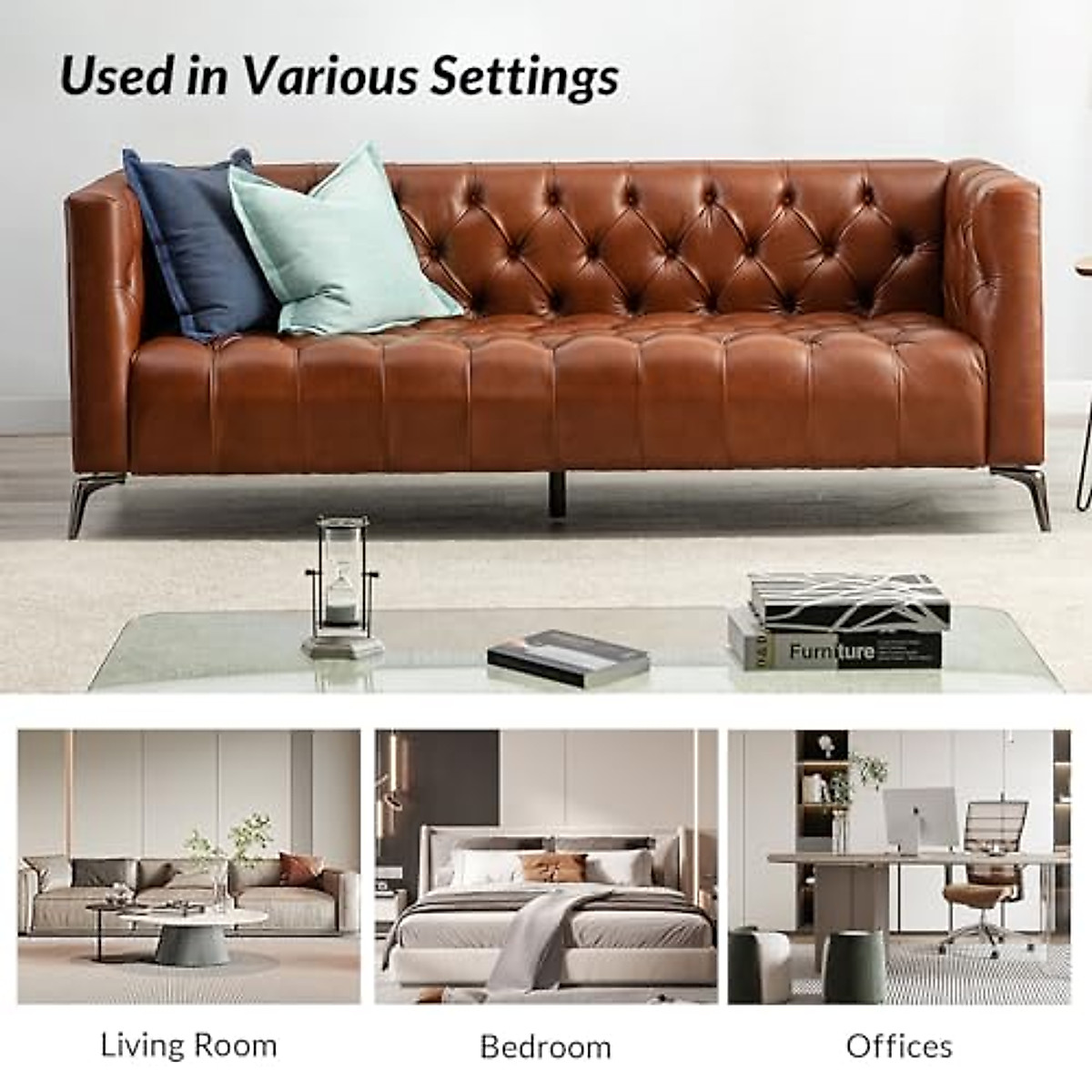 HULALA HOME 85" W Genuine Leather Sofa Couch with Metal Legs, Button-Tufted 3-Seater Sofa with Square Arms, Mid Century Modern Upholstered Couch for Living Room, Bedroom, Apartment, Brown