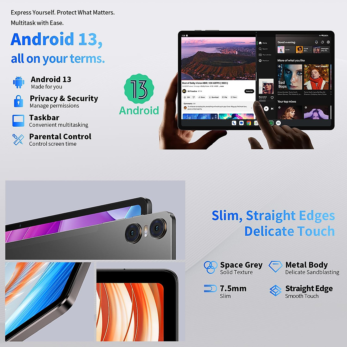 TECLAST Tablet 10.4 inch Android 13 Tablets, 16GB+128GB 1TB Expand Android Tablet, 8 core Processor, 1920 * 1200 2K IPS, 2.4G/5G WiFi Support 4G LTE, 8MP+13MP Dual Camera, 7200mAh, BT 5.0, GPS