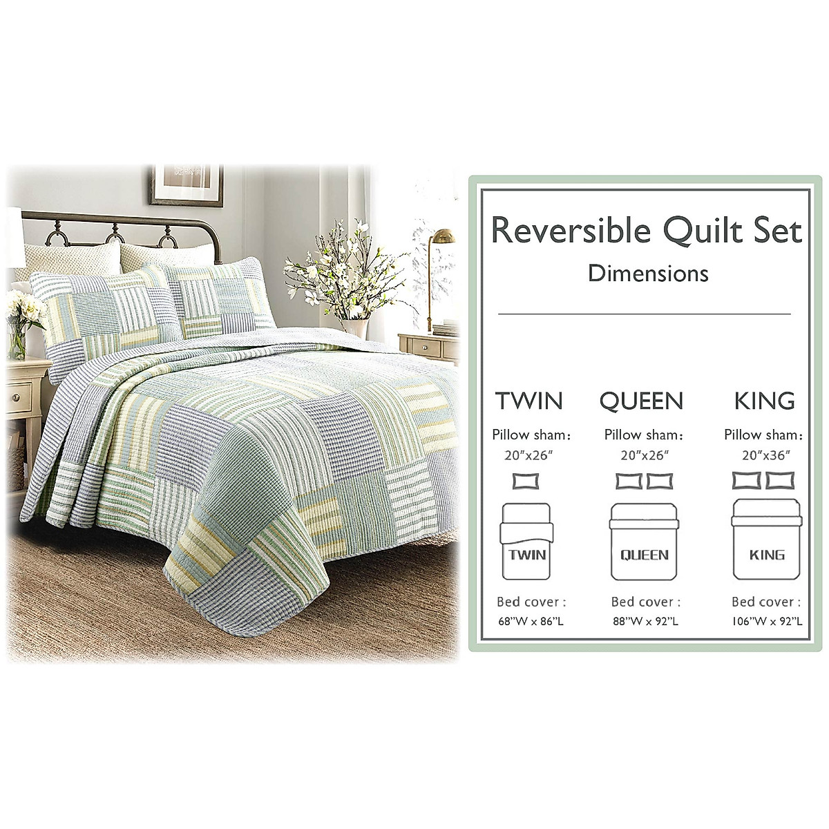 Cozy Line Home Fashions Green Yellow Blue Plaid Striped Real Patchwork 100% Cotton, Reversible Coverlet, Bedspread, Quilt Bedding Set (Green Patchwork, Twin - 2 Piece)